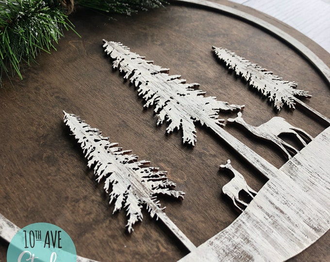 Three Alpine Evergreen Trees With Deer Round Includes Backer SVG and ...