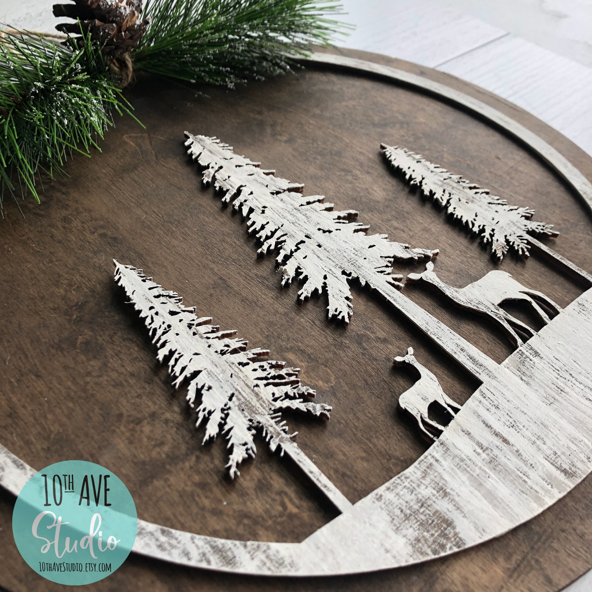 Three Alpine Evergreen Trees With Deer Round Includes Backer SVG and ...