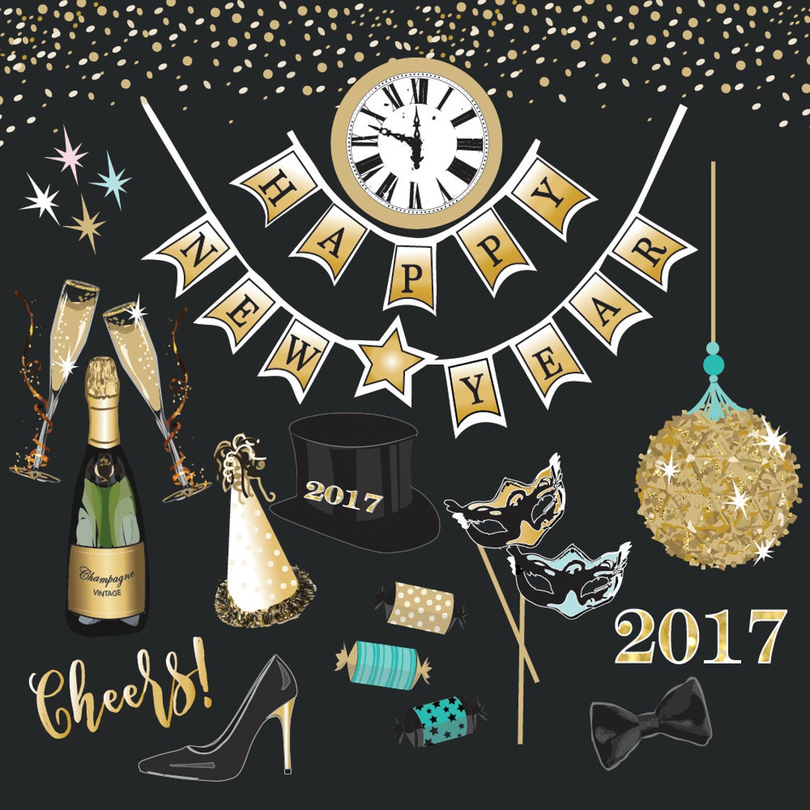 New Year's Eve Gold Vector Graphics Clipart Collection | Etsy
