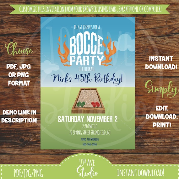 Bocce Party Invitation 5x7 Edit in Your | Etsy