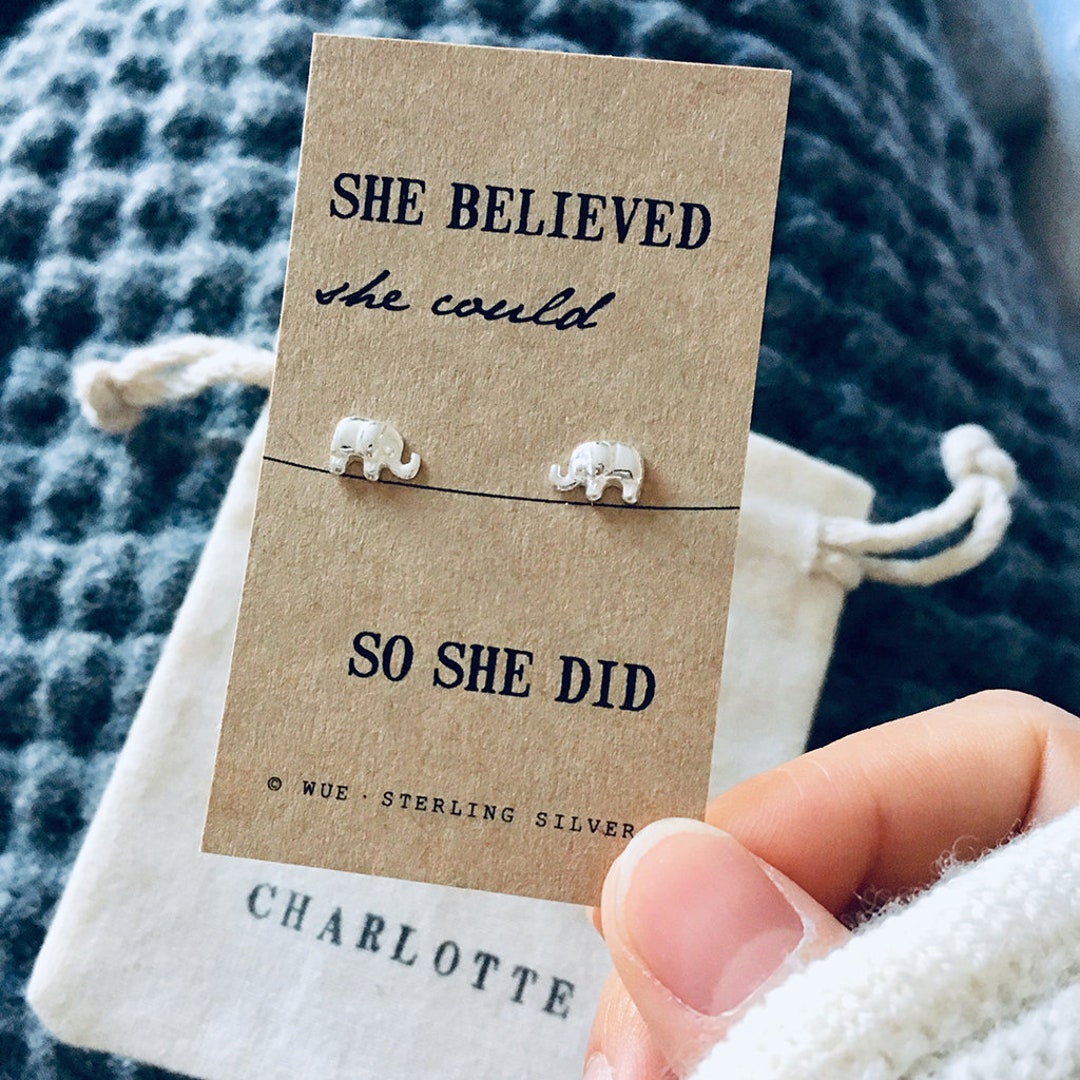 She Believed Sterling Silver Elephant Stud Earrings, Congratulations ...