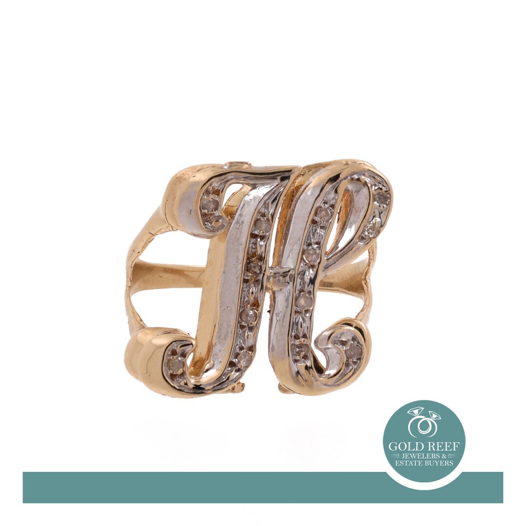 Fancy Letter H Diamond Statement Ring 14K Two-tone Gold 0.11 CTW SZ 7. ...
