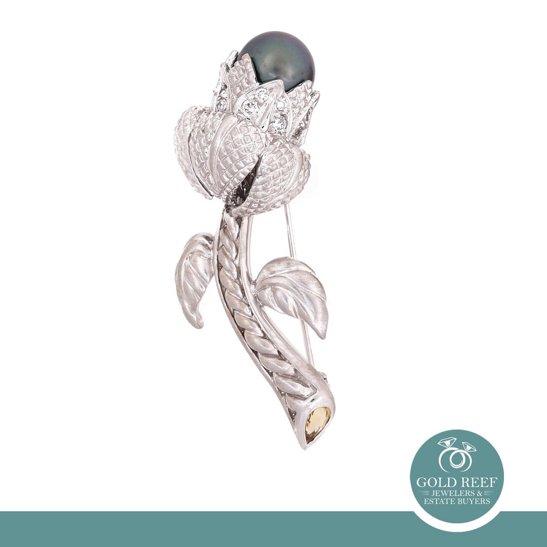 Judith Ripka Flower Brooch Tahitian Pearl Diamond Citrine 18K White ...