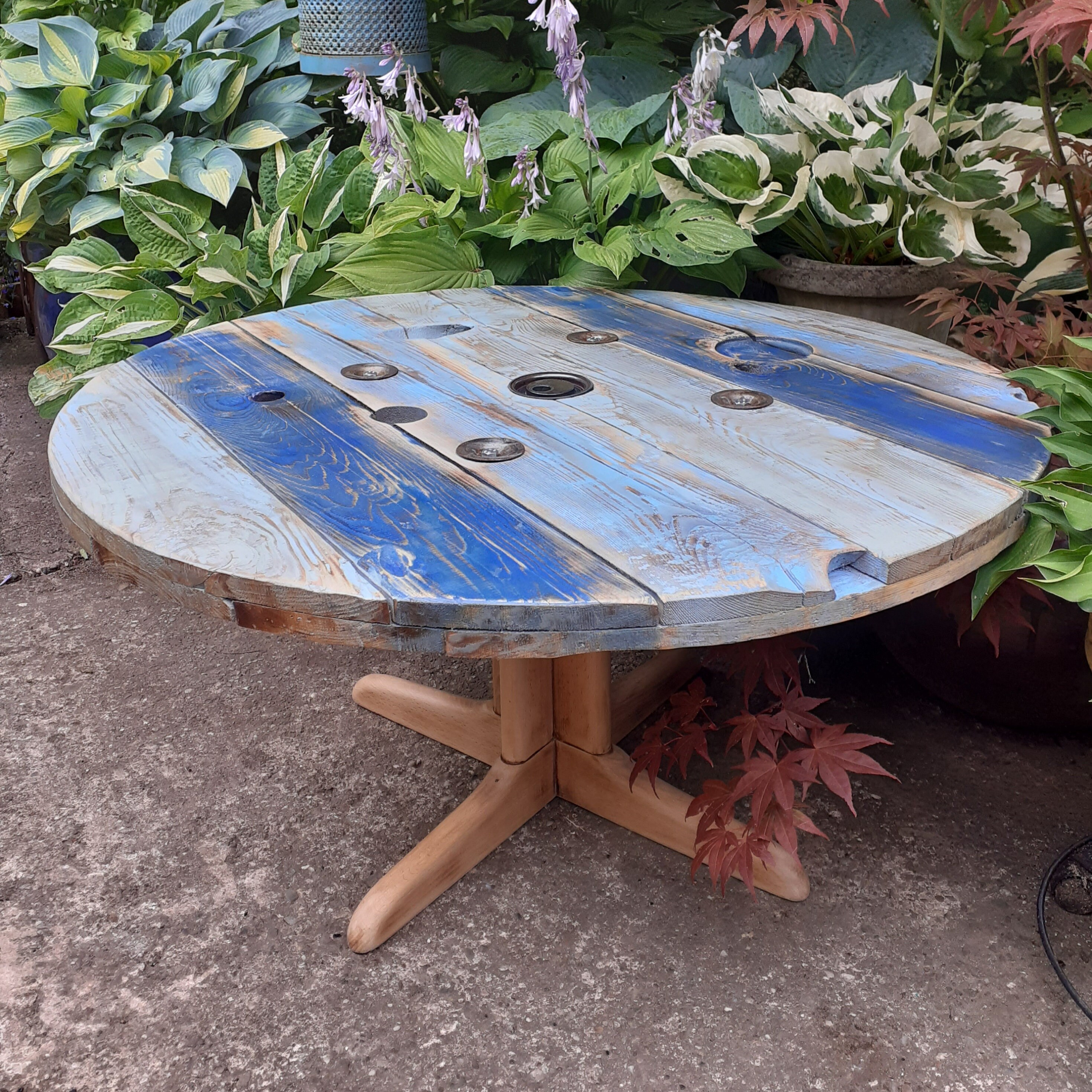 Reclaimed Cable Reel Table. Solid Wood Top With Hardwood Base 89.5cm ...