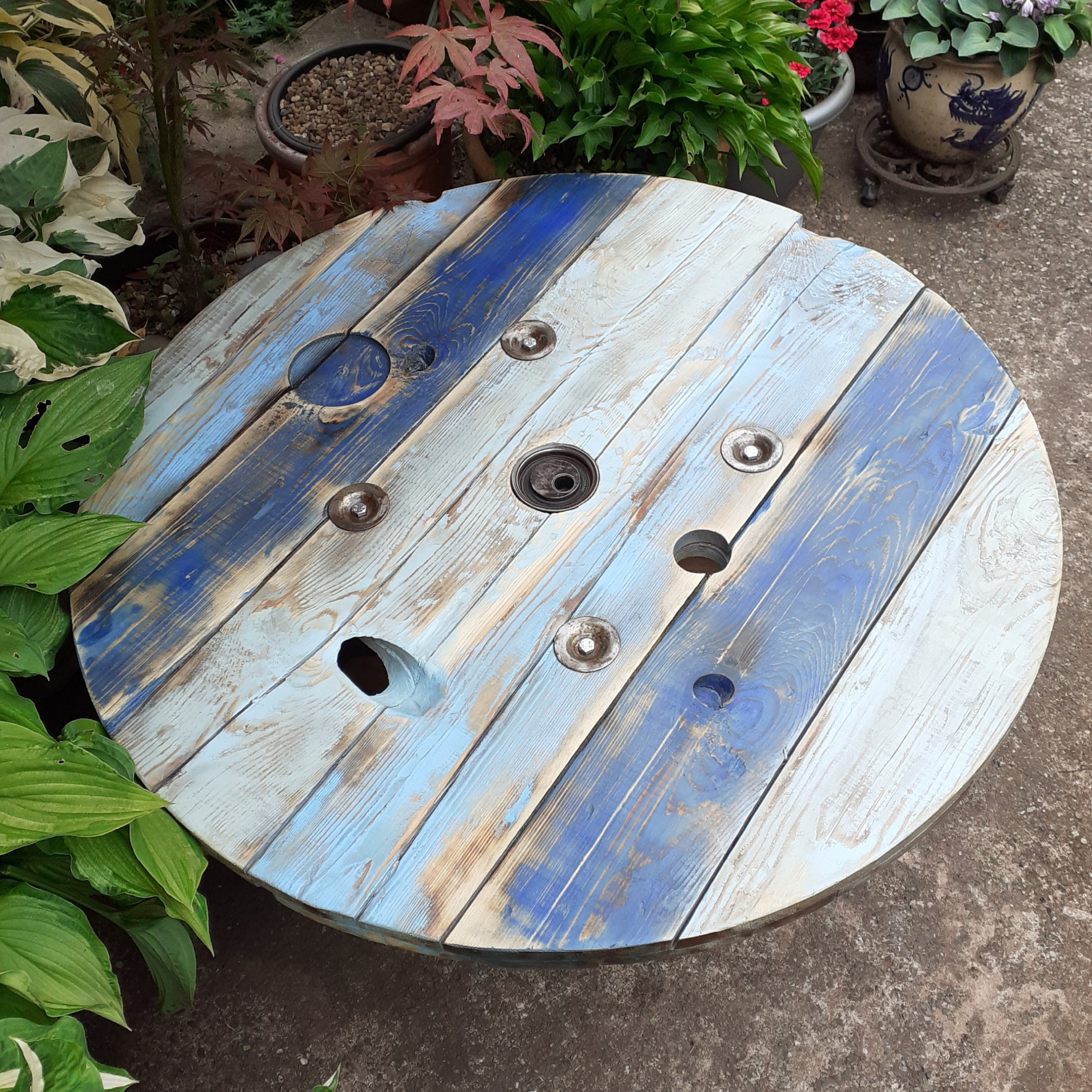 Reclaimed Cable Reel Table. Solid Wood Top With Hardwood Base 89.5cm ...