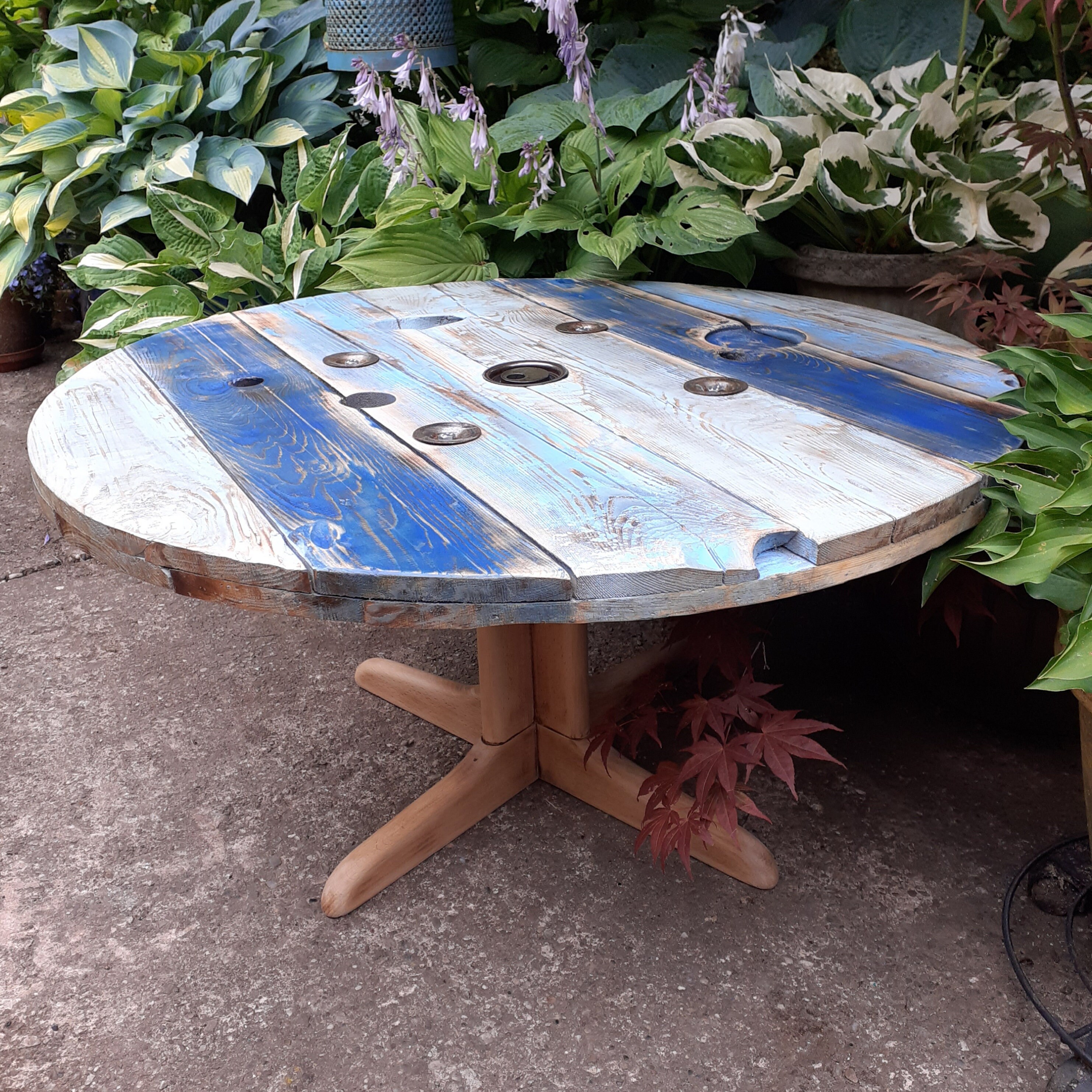 Reclaimed Cable Reel Table. Solid Wood Top With Hardwood Base 89.5cm ...