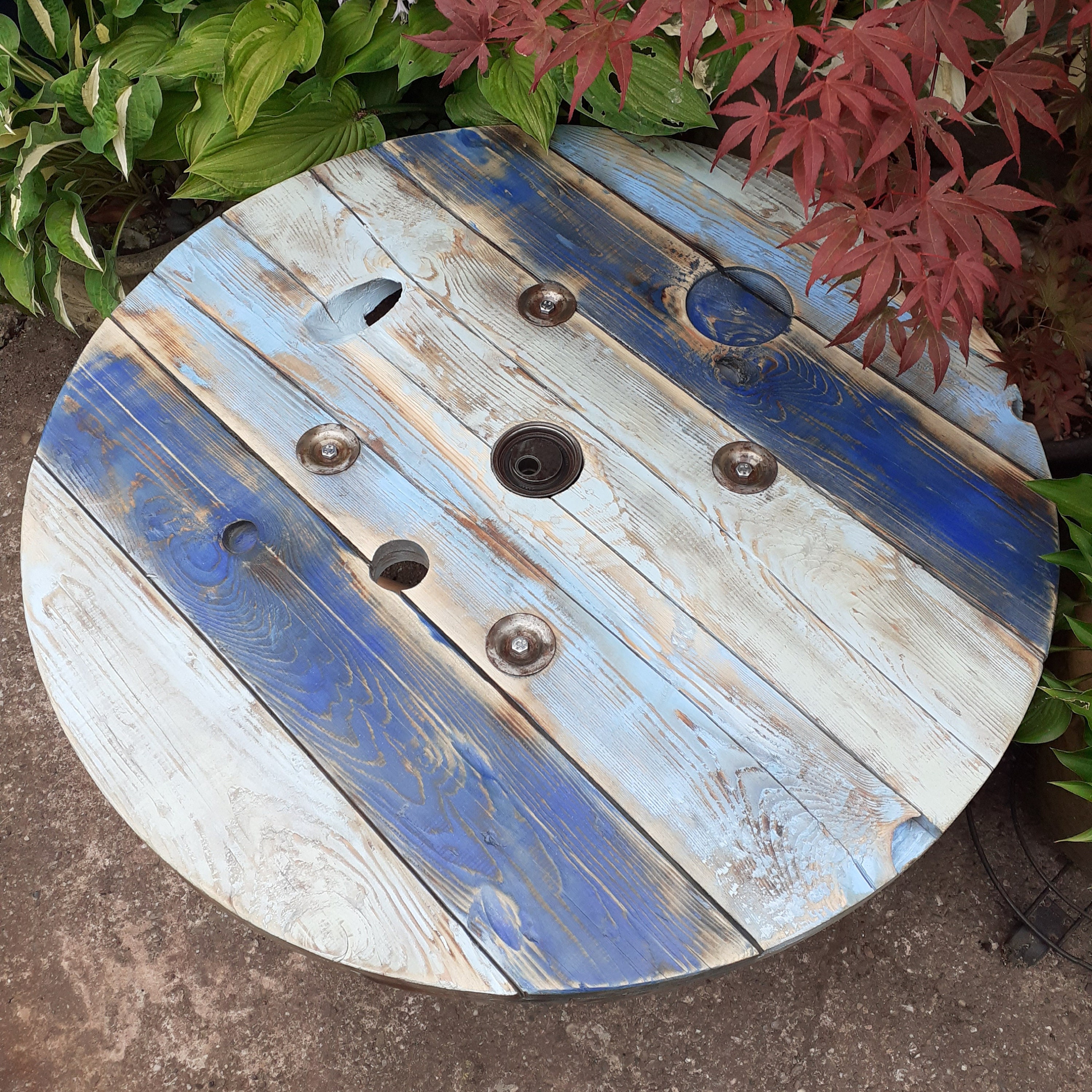 Reclaimed Cable Reel Table. Solid Wood Top With Hardwood Base 89.5cm ...