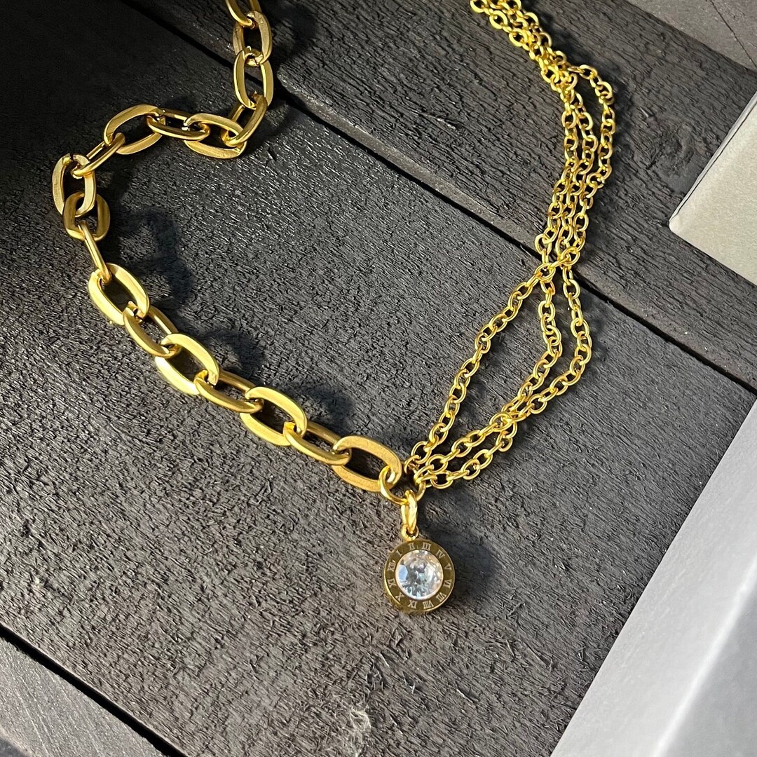 Mix Gold Strands Choker With Numeral Cz Charm.different Chains Choker ...