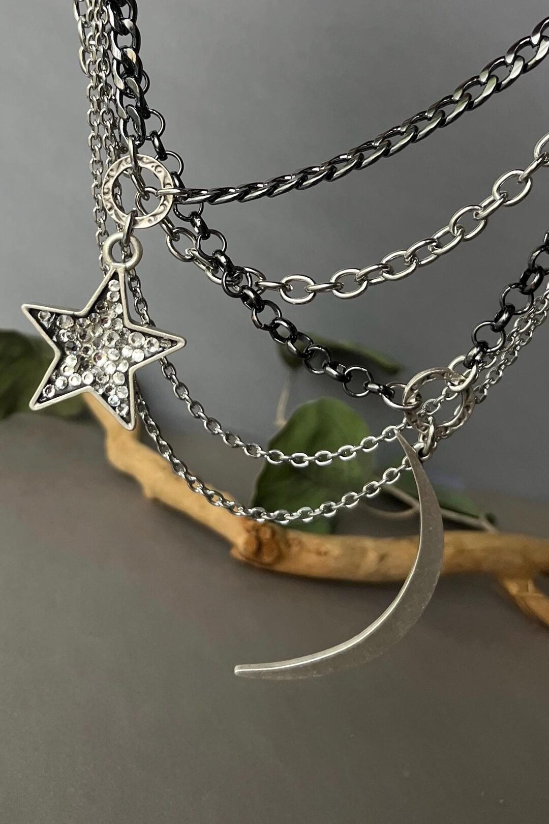 Star and Moon Layered Chunky Chain Necklace,silver and Gunmetal Layered ...