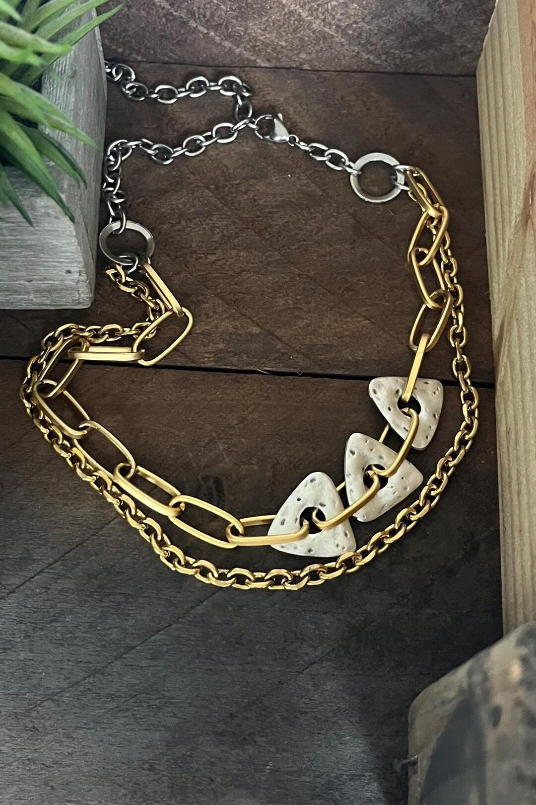 Chunky Two Tone Double Strand Necklace With Antique Silver Chunky Links ...