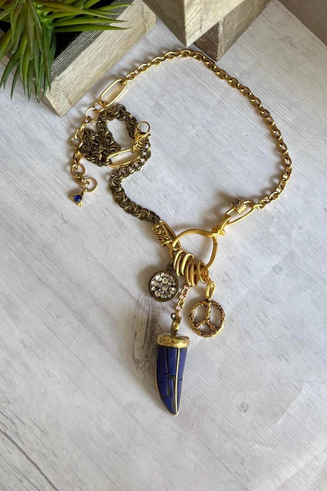 Tusk Necklace, Blue Tusk Necklace,mix Links Chain With Metal Beads ...