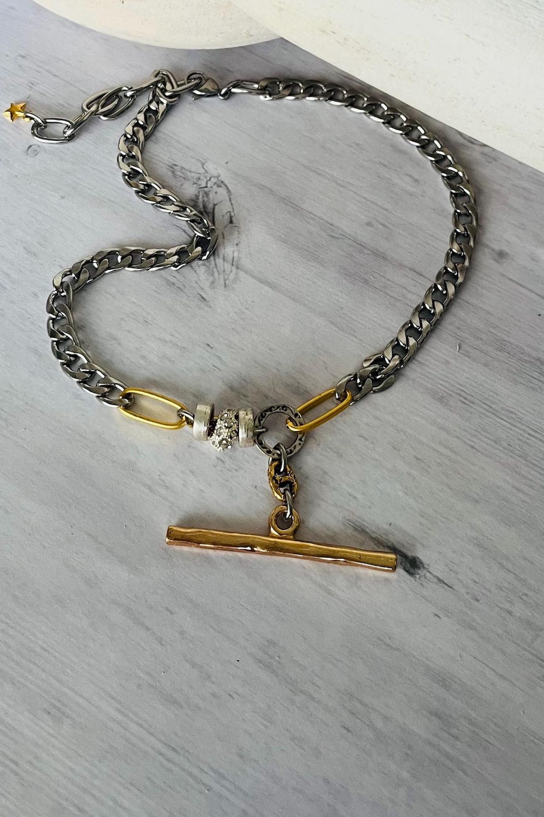 Gold T-bar Silver Chunky Chain Necklace,t-bar Two Tone Necklace,beads ...