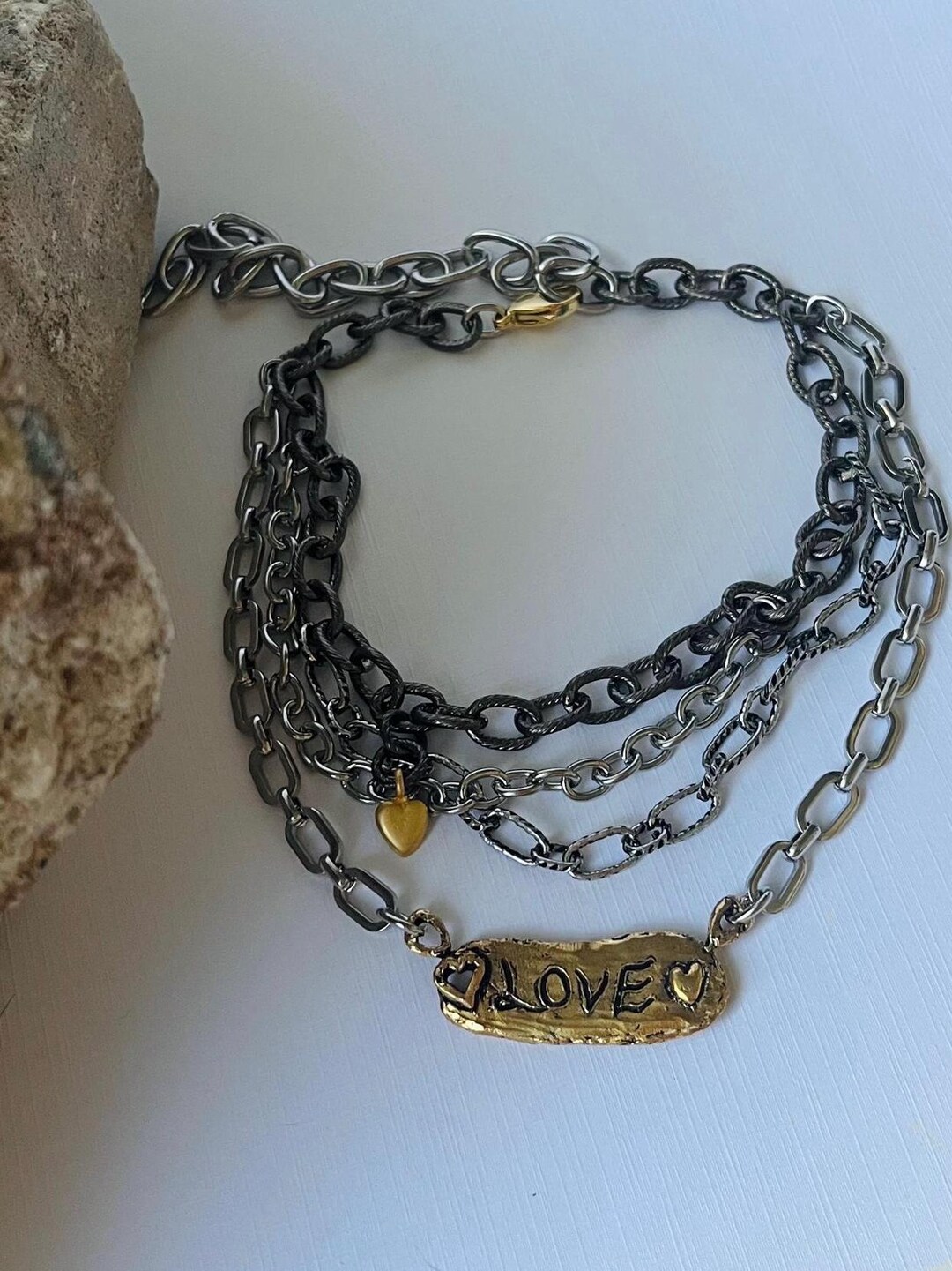 Mixed Metal Multi Strand Necklace, Love Charm, Layered Neck Mess - Etsy
