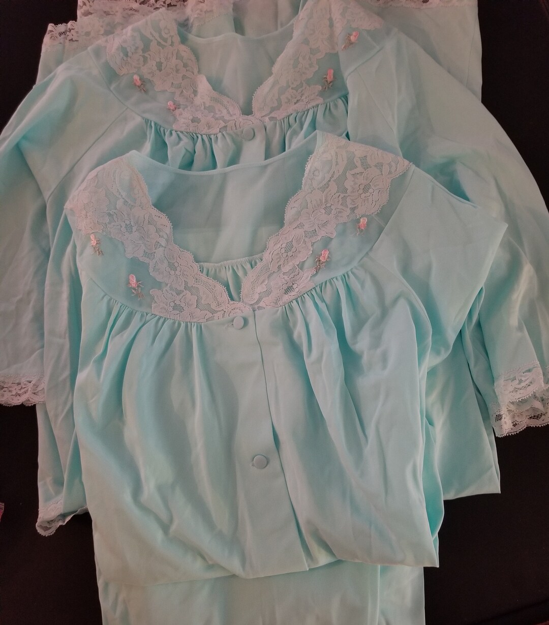 Sliky Pajamas & Robe - Light Blue Set With Lace- by Shadowline - Etsy
