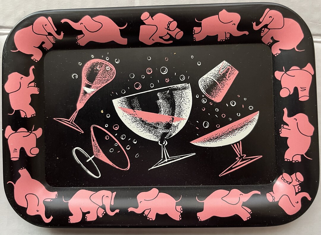 Pink Elephant Tray With Bubbly Cocktail Snack Tray Hazel Atlas - Etsy