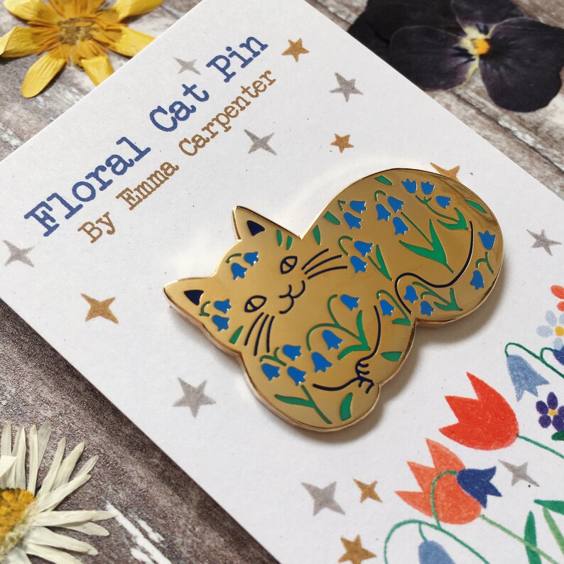Bluebell Cat Enamel Pin / Cat Badge / Floral Cat Pin / Gift - Etsy UK
