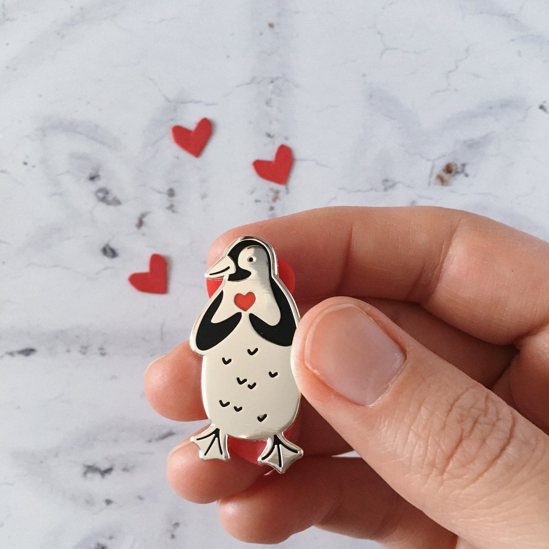 Loved up Penguin Pin / Silver Nickel Penguin Enamel Pin / Valentines ...