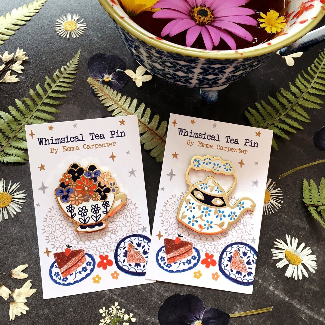 Set of 2 Whimsical Tea Enamel Pins / Magical Teapot Pin / Floral Teacup ...