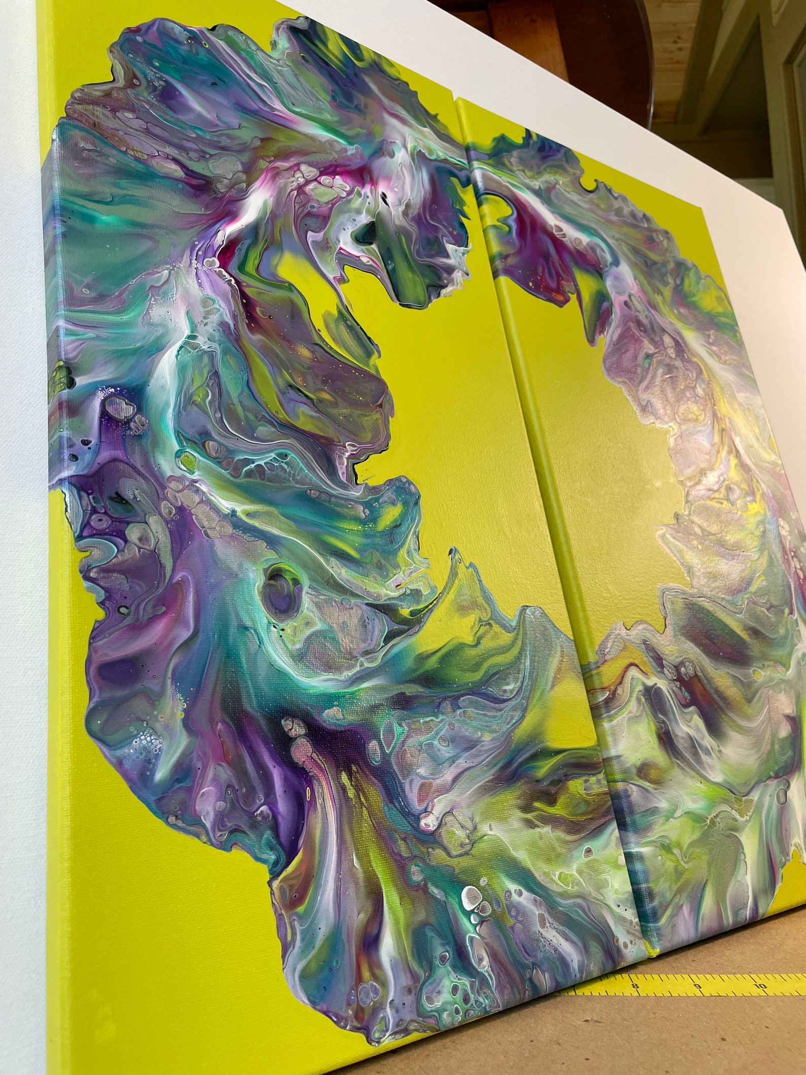 Muted Background Series lime Diptych Circle Dutch Pour 2 Canvas Set ...