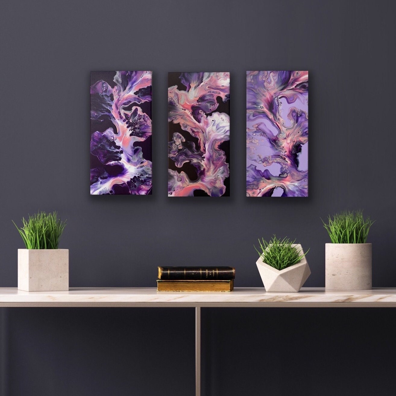 ON TREND Dutch Pour Triptych Set of 3 Acrylic on Canvas Decor for Home & Office Purple Violet ...