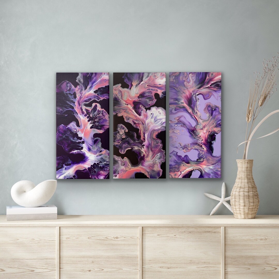 ON TREND! | Dutch Pour Triptych Set of 3 Acrylic on Canvas | Decor for Home & Office | Purple ...