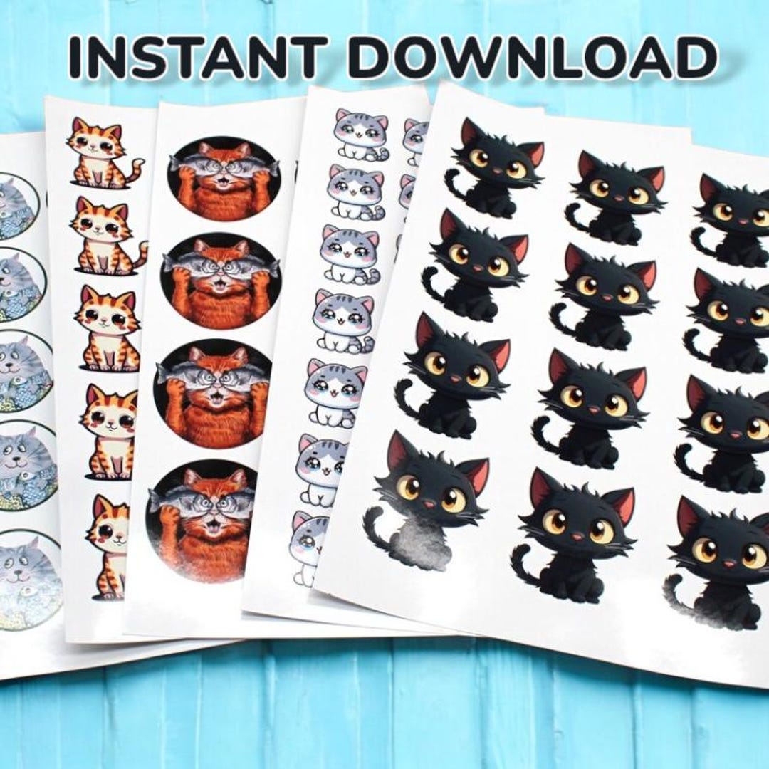 Printable Cat Stickers Bundle – 5 Cute A4 Digital Sticker Sheets for ...