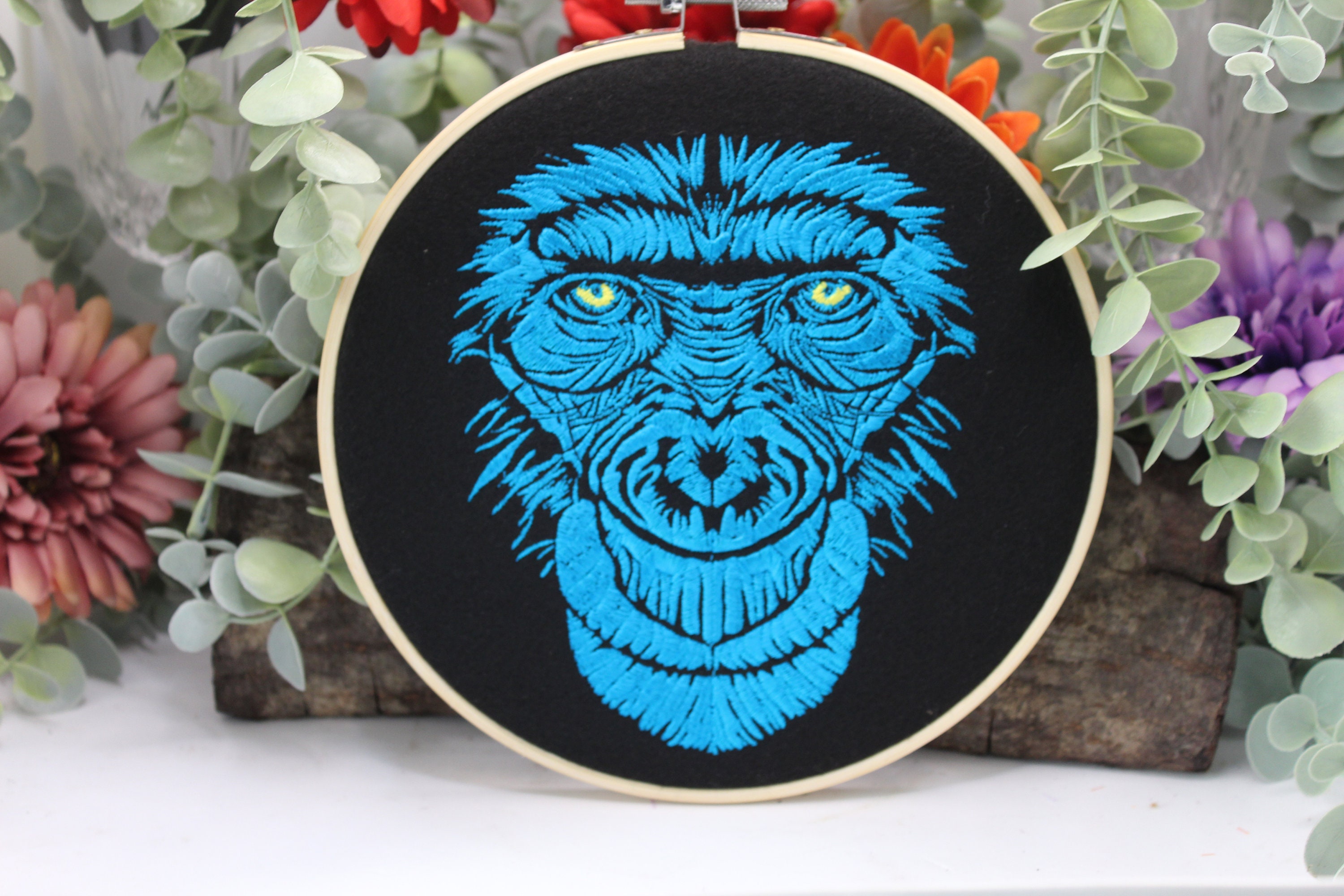 Gorilla Embroidery Hoop | Monkey Wildlife Wall Art | Stitched Animal ...