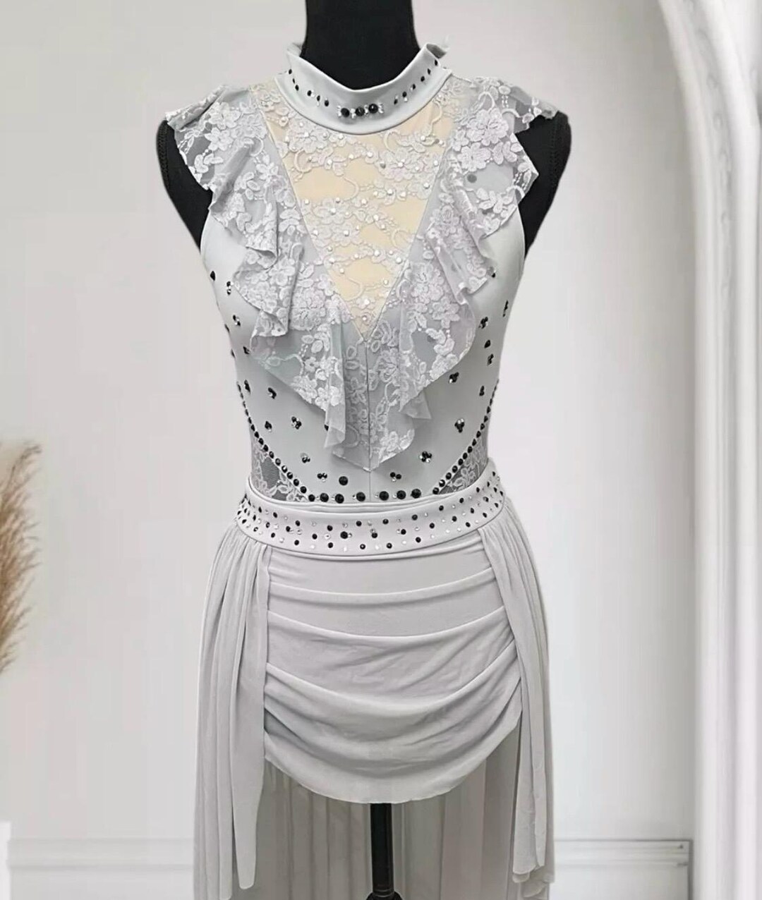 Dance Solo Costume 2 Piece Gray Leotard With Skirt Rhinestoned Lyrical ...
