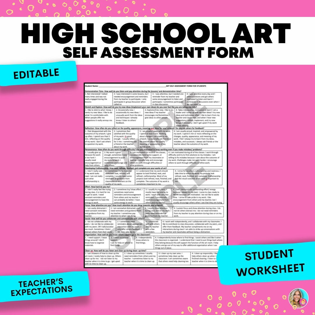 High School Art Self Assessment Form for Students and Teacher ...