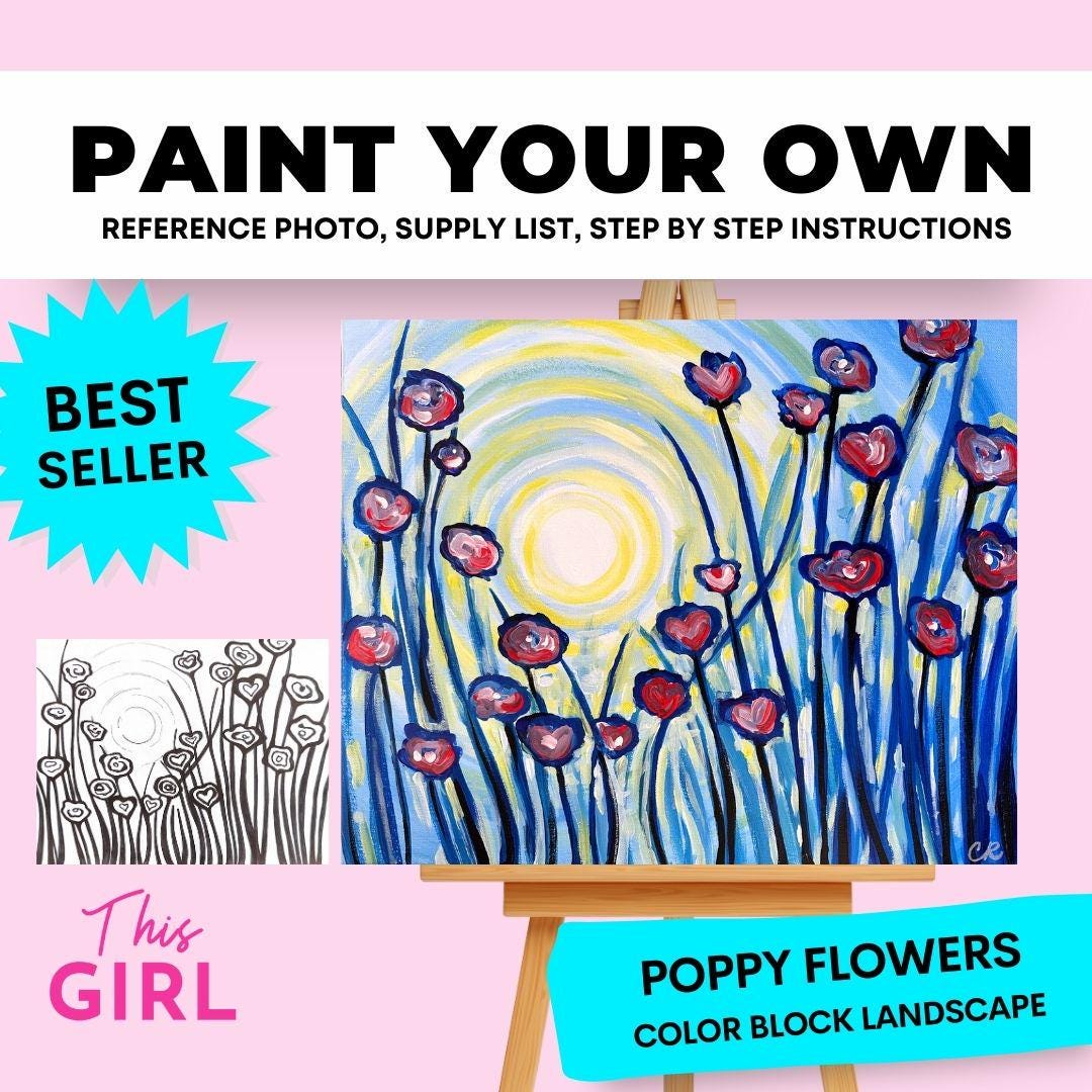 DIY Paint Your Own, Poppy Flower Color Block Landscape, DIY Canvas Art ...