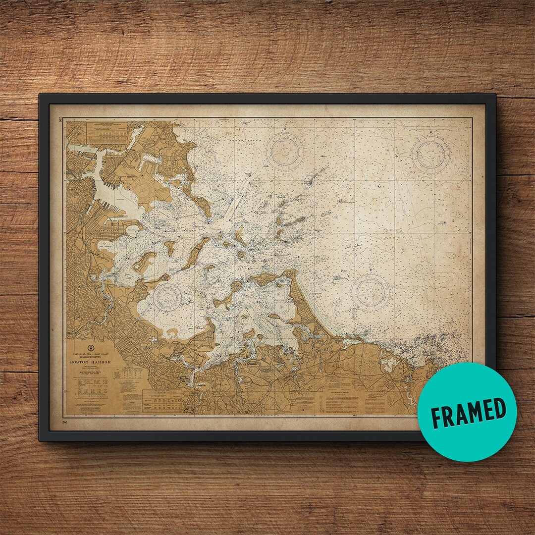 Boston Harbor Map, Large Framed Art, Vintage Map, Nautical Decor, Large ...