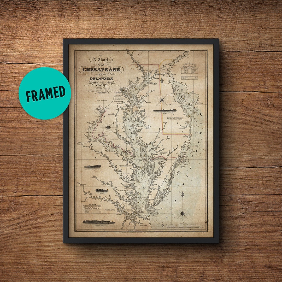 Chesapeake Bay Map, Framed Map, Delaware Map, Vintage Chesapeake Bay ...