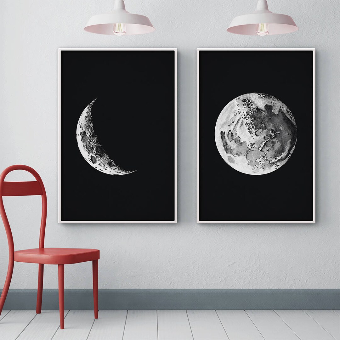 Moon Phases Set of 2, Full Moon Print, Crescent Moon Print, Moon Phases ...