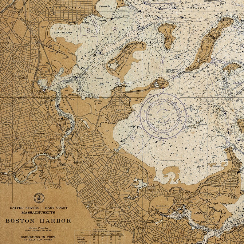 Boston Harbor Map Large Framed Art Vintage Map Nautical - Etsy