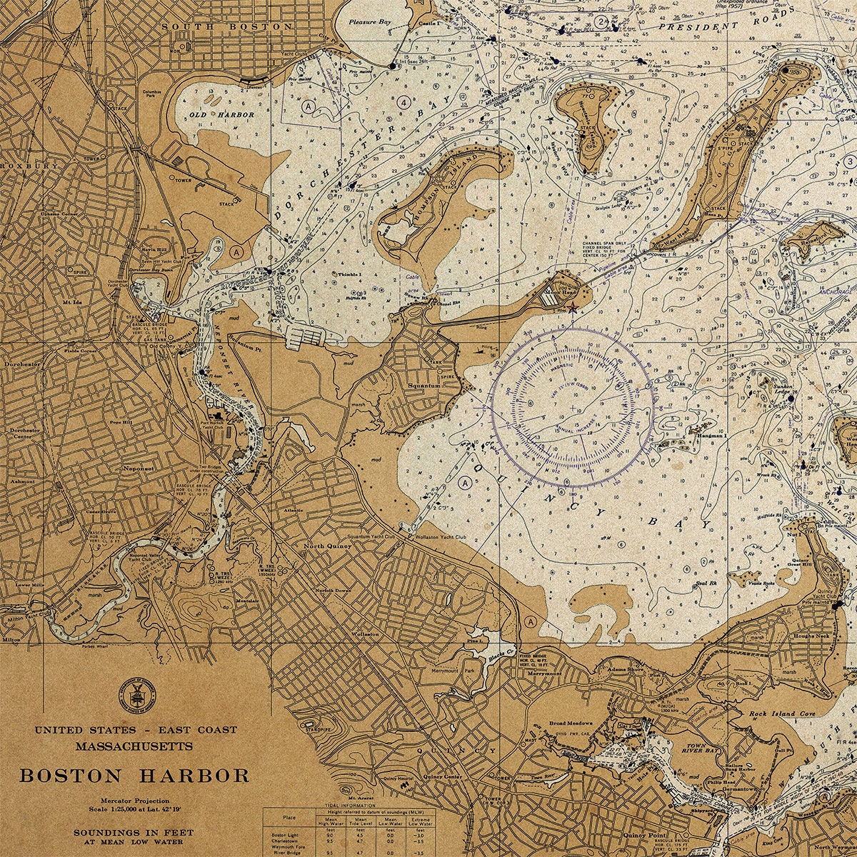 Boston Harbor Map Large Framed Art Vintage Map Nautical | Etsy