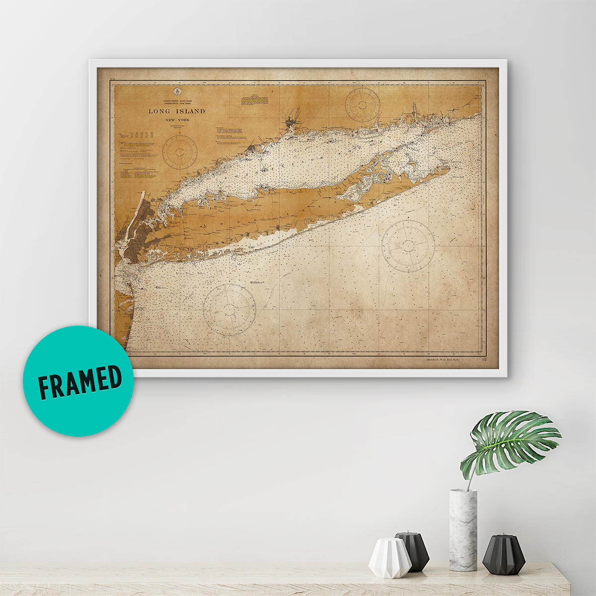 Long Island Map Large Framed Art Vintage Map Nautical Etsy
