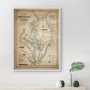 Chesapeake Bay Map, Framed Map, Delaware Map, Vintage Chesapeake Bay ...