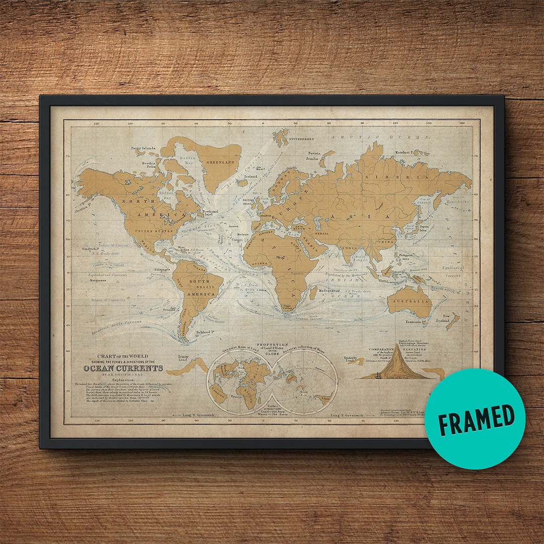 World Map, Framed, Large Framed Art, Nautical Decor, Nautical Chart ...