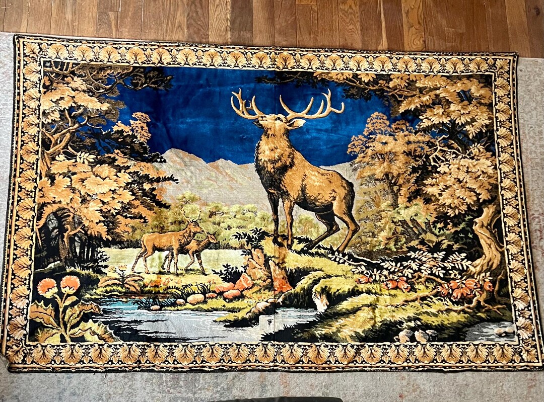 70s Deer Tapestry / HUGE Vintage Stag Deer Wildlife Scene Hunting Lodge ...