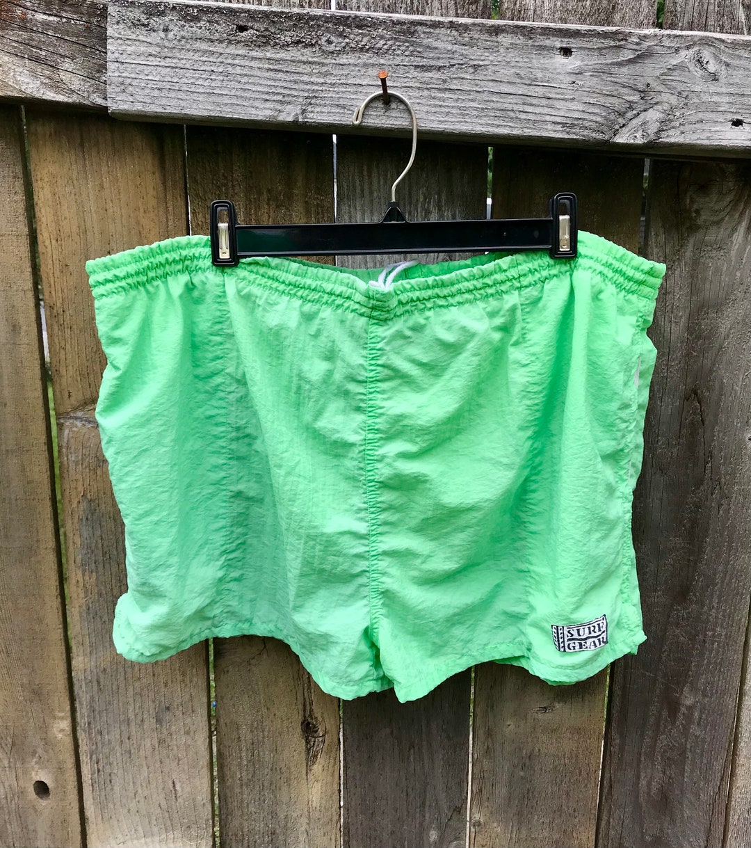90s SURF GEAR Swim Trunks / Vintage Neon Green Beach Pool Party ...