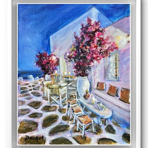 Mykonos Painting: Greek Island Street Cafe Art, Original Acrylic Canvas ...
