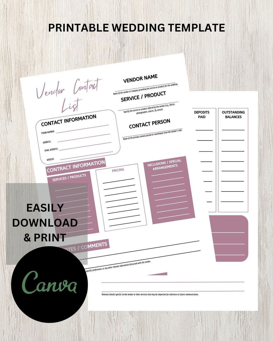 Elegant Wedding and Special Events Vendor Contact List Template ...