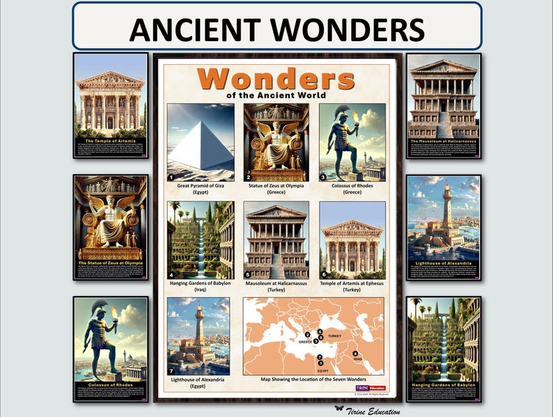 7 Wonders of the Ancient World Poster Bundle, Educational Wall Art ...