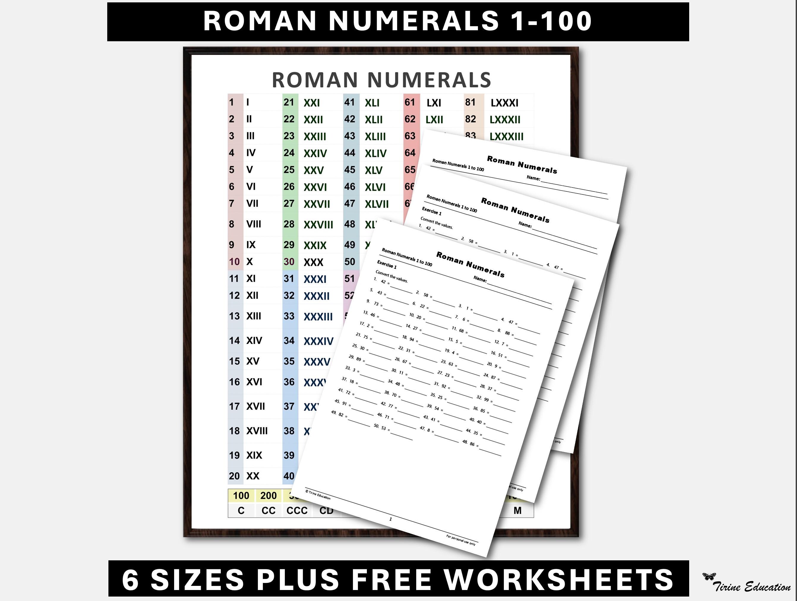 Roman Numerals 1-100 Poster & Worksheets Bundle (digital Download) - Etsy