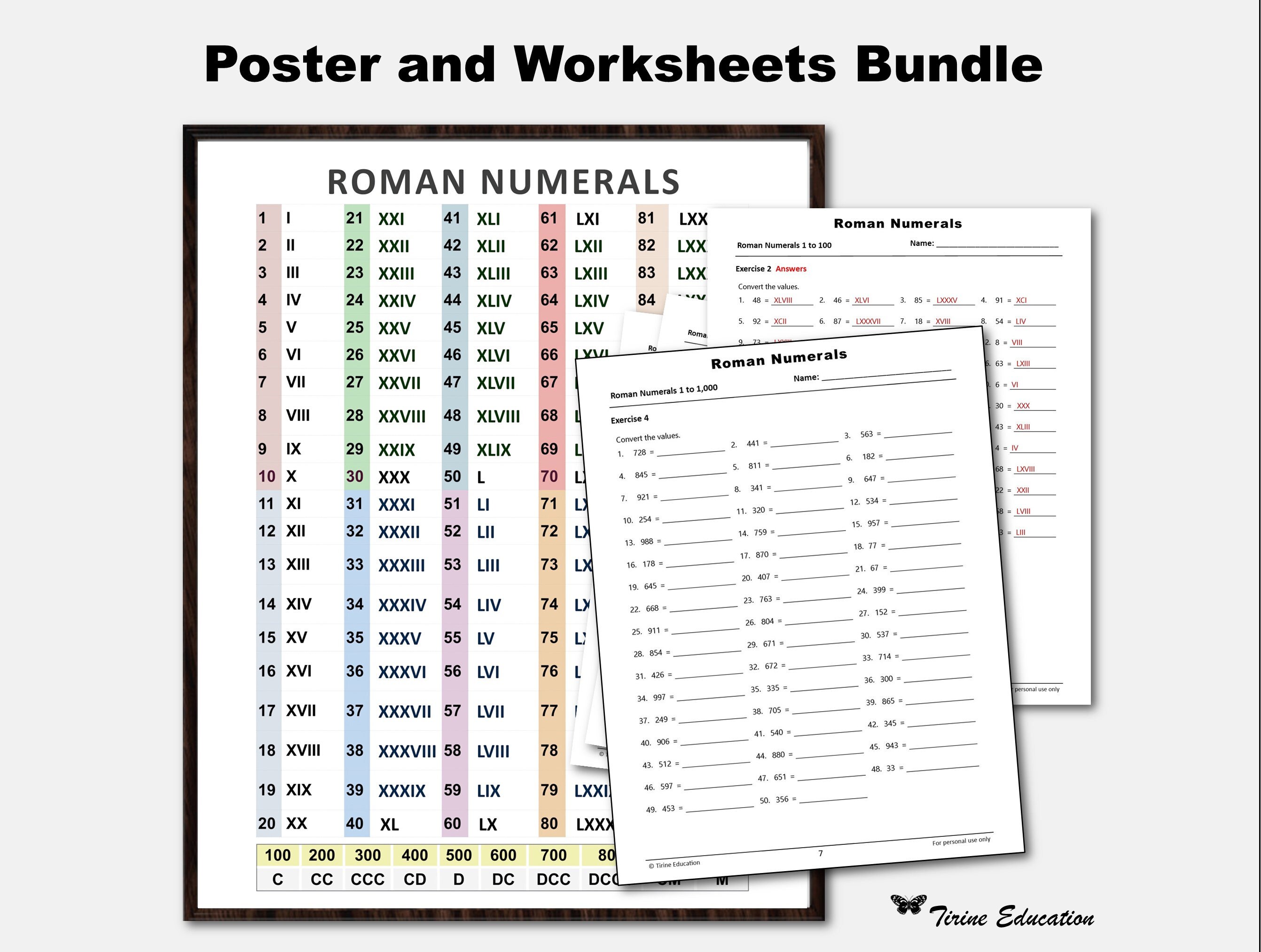 Roman Numerals Poster and Worksheets Bundle, Classroom Decor ...