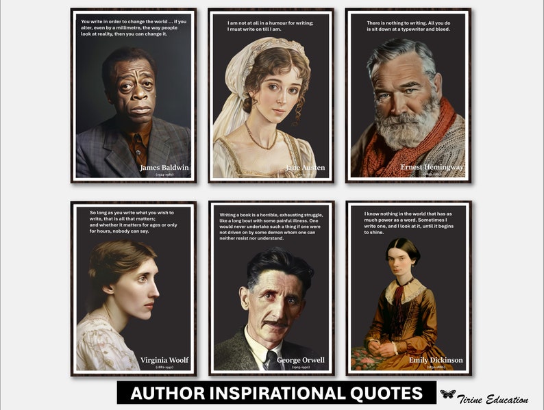 Inspirational Author Quotes Poster Set, Hemingway, Orwell, Austen ...