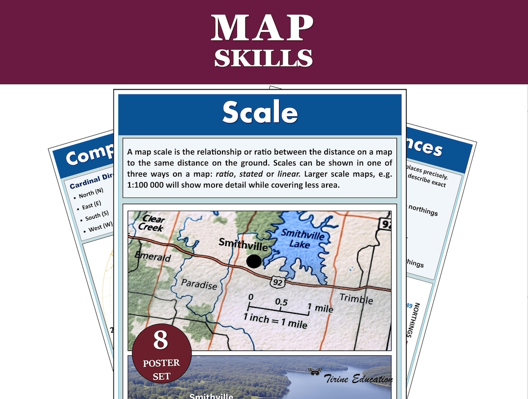 Geography Posters, Map Skills: Latitude, Longitude, Scale, Classroom ...