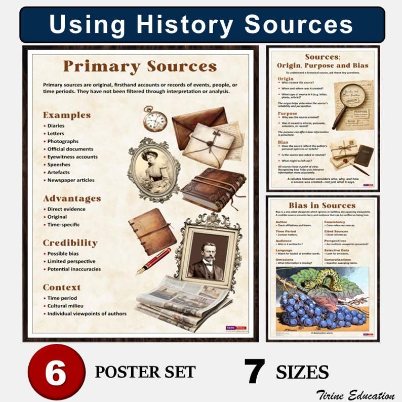 History Sources Poster Set: Primary, Secondary, Tertiary (digital ...