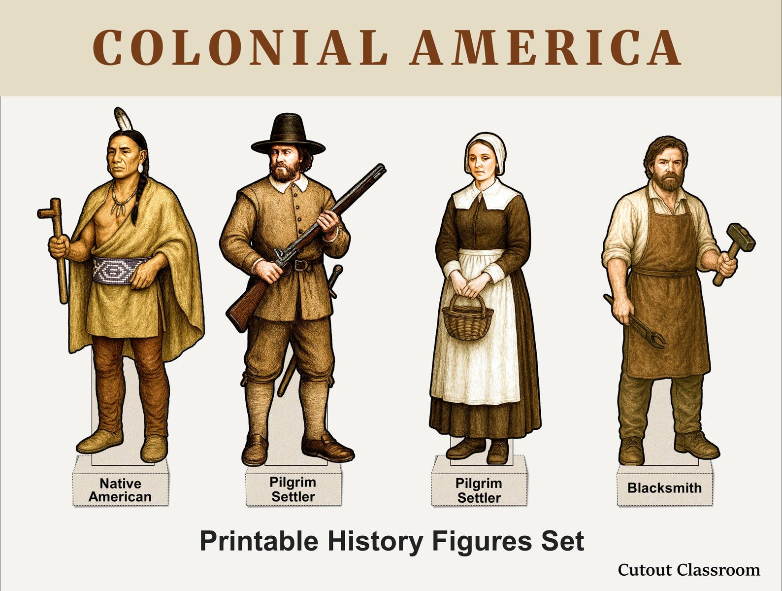 Colonial America Paper Model Set: Historical Figures & Diorama Scenes ...