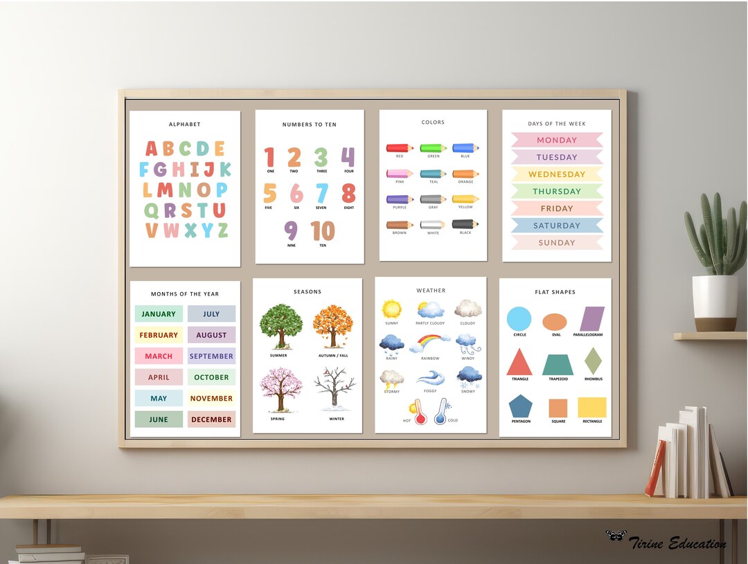Set of 8 Preschool Posters, ABC, Colors, Numbers, Shapes, Days, Months ...